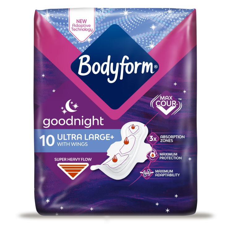Bodyform Goodnight Ultra Towels with Wings, New Max Cour-V™ Adaptive ...